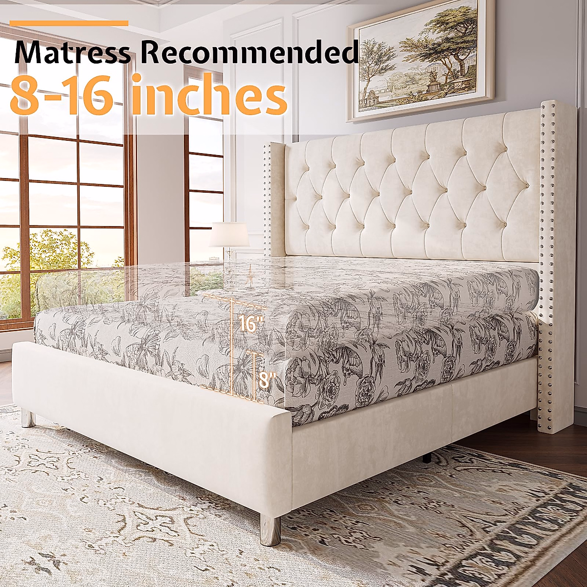 Jocisland Queen Bed Frame Upholstered Bed Wingback Headboard Velvet Tufted Diamond Button/No Box Spring Needed/Easy Assembly/Cream