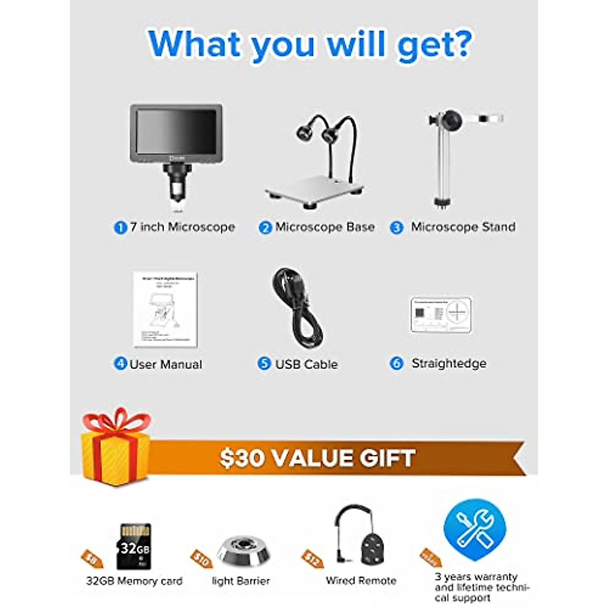 7'' Digital Microscope 1200X,Dcorn 12MP 1080P Photo/Video Microscope with 32GB TF Card for Adults Soldering Coins,Metal Stand,Wired Remote,10 LED Fill Lights,PC View,Windows/Mac Compatible
