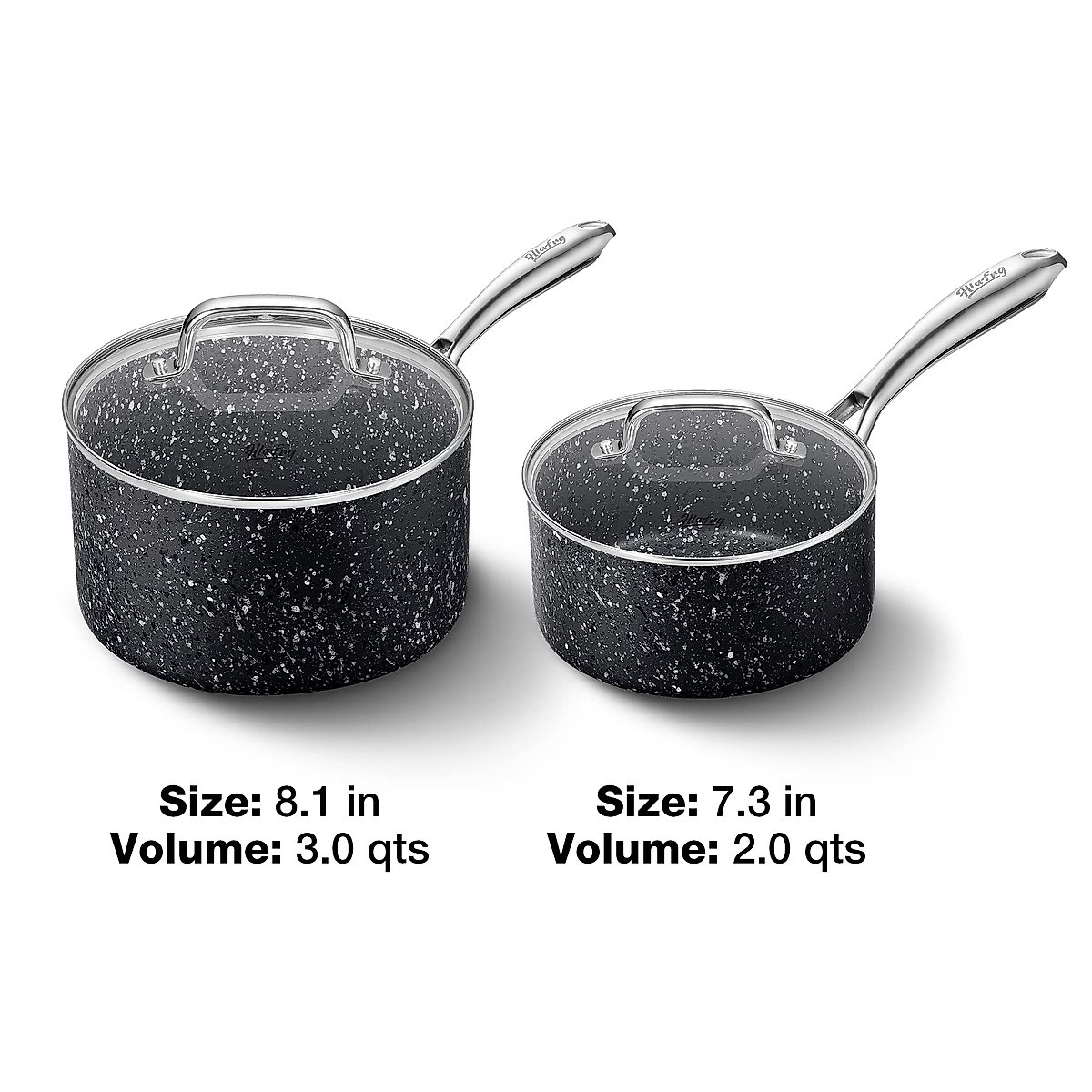 HLFRG Saucepan Set with Lid, Nonstick 2Qt & 3Qt Sauce Pan Set with Lid, Small Pot with Lid, Natural Granite Nonstick Saucepan Set, Small Sauce Pots, Black Pot Set - 2Qt & 3Qt