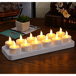 Esup Rechargeable Candles Flameless Flickering Candles Tealights 12pcs/Set with White Base, Decoration Parties, Weddings, Bar, Family, Dinner Outdoor Picnic (No Remote Control)