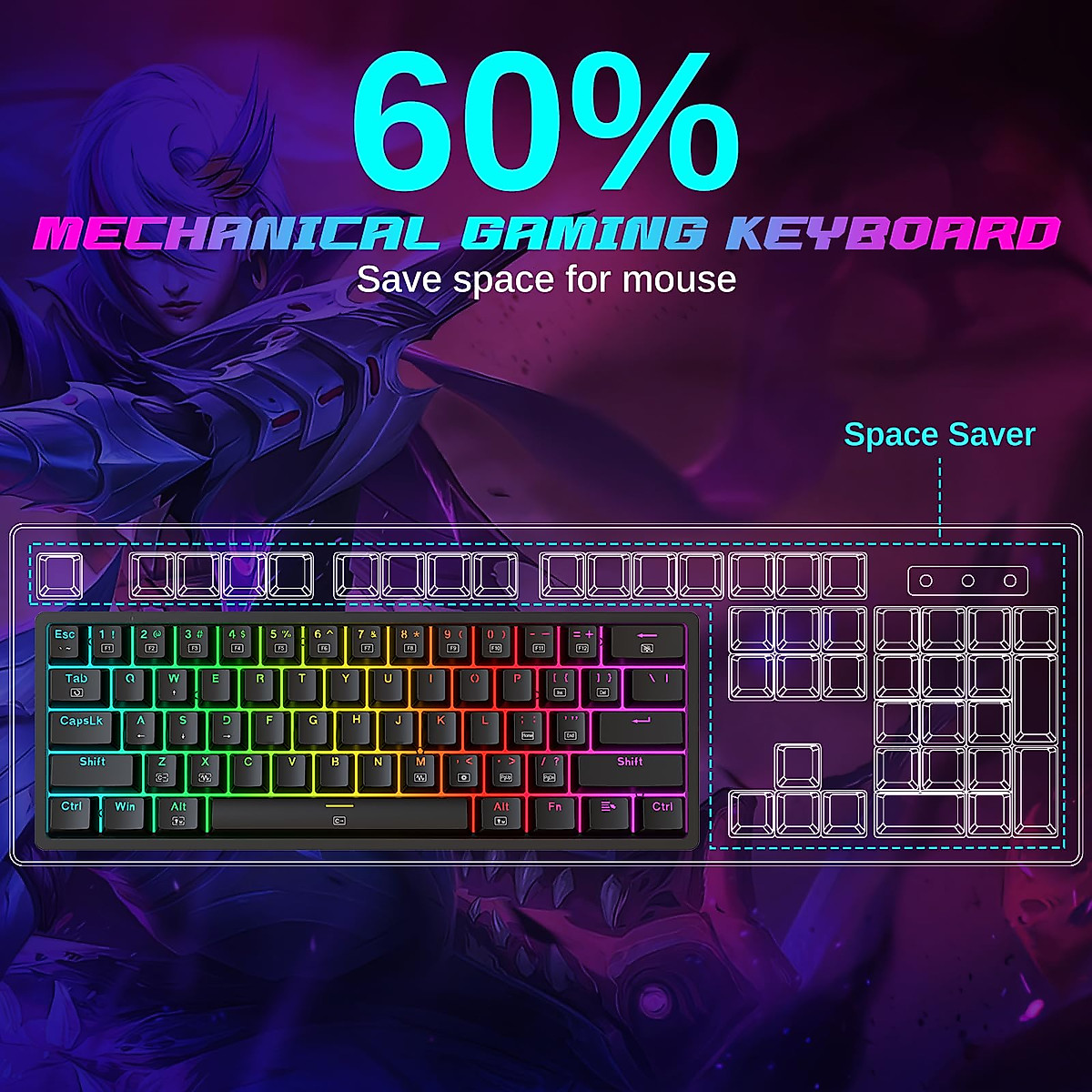 60% Keyboard Mechanical, Mini Wired Gaming Keyboard Compact 60 Percent Keyboard, RGB Backlit Hot-Swappable Red Switch Fully Programmable for Windows Laptop PC Mac,K642 Black- Transparent
