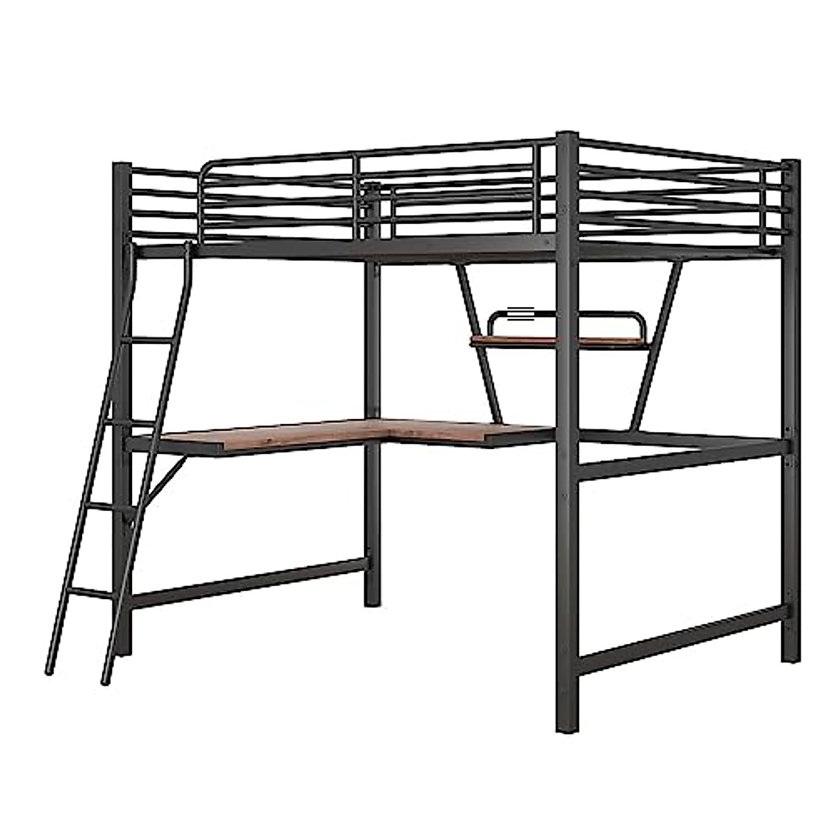 Full Size Metal Loft Bed with MDF Desk and Storage Shelf, Multifunctional Loft Bed with Ladder and Guard Rail, Space Saving, No Box Spring Needed for Boys Girls Teens Adults (Black, Full)