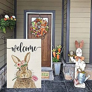 CROWNED BEAUTY Easter Brown Bunny Garden Flag 12x18 Inch Double Sided for Outside Burlap Small Welcome Yard Holiday Flag CF701-12