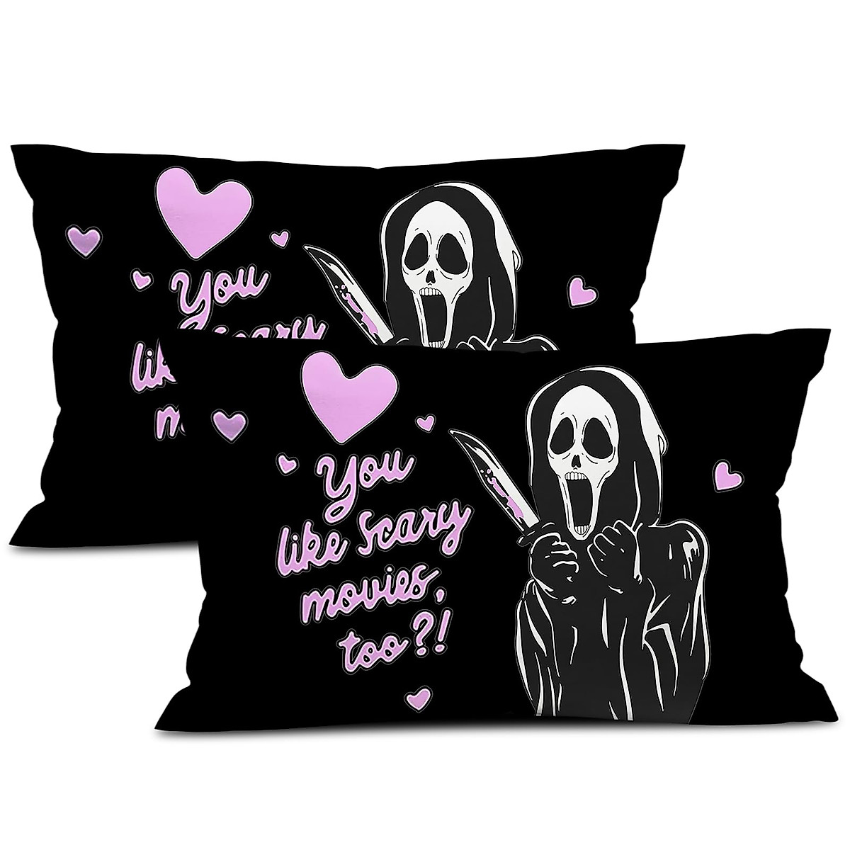 Snycler You Like Scary Movies Too Pink Ghost Scary Face Throw Pillow Cover Set of 2 Black Pillowcase Horror Halloween Valentine's Day Gifts Decoration for Sofa Bedroom Birthday Party Supplies 12x20