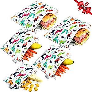 Reusable Sandwich Snack Bags for kids Urban Green, Sandwich bags zipper dishwasher safe, snack pouch bag cloths, Lunch Bags, BPA Free, 5 pack, Dinosaur snack Bags, Toiletry Makeup Bag