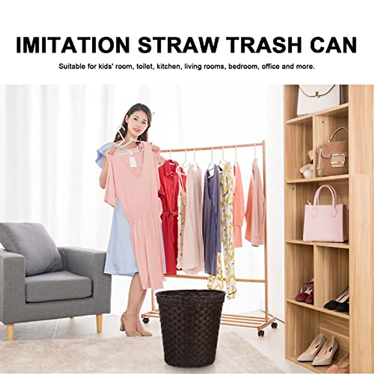 Angoily Laundry Storage Bucket Natural Paper Woven Baskets Round Trash Can Garbage Bin Basket Woven Waste Basket Laundry Buckets Organizer Home Decoration (Coffee) Tall Wicker Basket