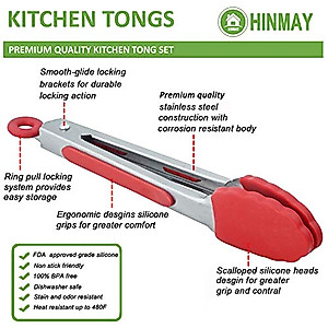 HINMAY Small Tongs with Silicone Tips 7-Inch Mini Serving Tongs, Set of 3 (Red Blue Green)