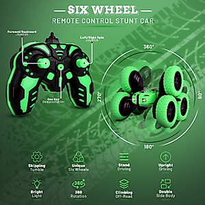 SHERPALACE 6 Wheeler LED Remote Control Car for Kids-OFF ROAD Stunt RC Car with 360 Flips-All Terrain Tires-Fast RC Drift Car-Crawler Tires & 2 Batteries- Holiday Gift Race Toy, 55+ Mins Play Time