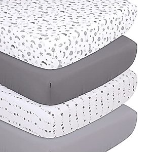 The Peanutshell Grey Moon & Stars Fitted Crib Sheet Set, Unisex 4 Pack Celestial Print, Grey & White