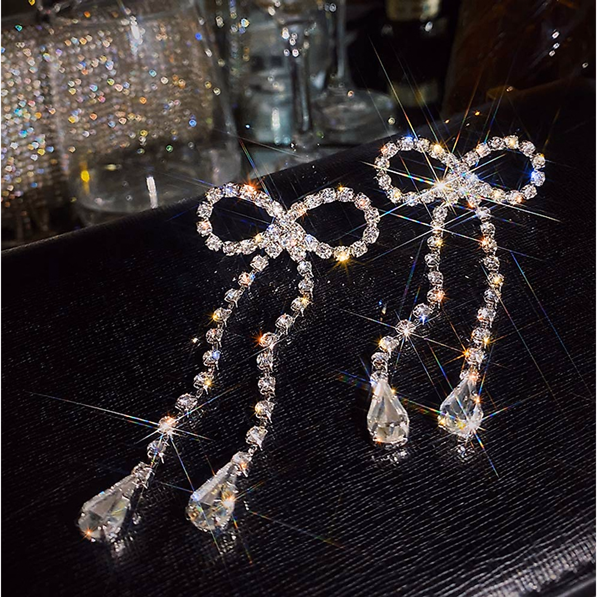 Missgrace Women Bohemian Dainty Dangle Bowknot Tassels Statement Earrings Trendy Unique Full Rhinestones Shiny Bar Disco Earrings Set Jewelry for Women (Pattern 6)