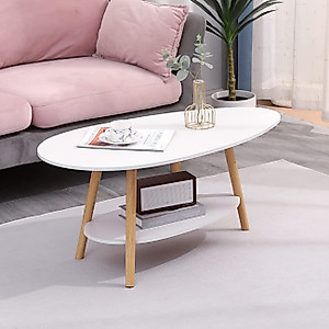 Oval Wood Coffee Table Modern Style with Open Storage Layer for Storage and Display 2 Tier Goose Egg Pattern Sofa Table Cocktail Table for Living Room Home Office