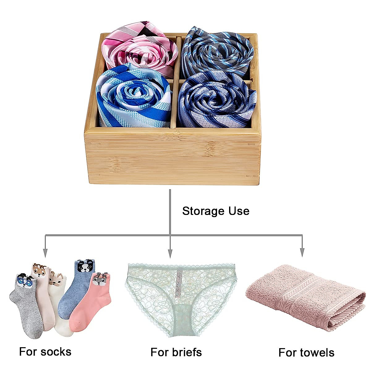 GOBAM Bamboo Tie Box, 4 Compartments - Tie Organizer for Drawer - Storage Box Organizer for Men, Pocket Square, Neck ties, Keys, Tie Clips & Cufflinks - Natural