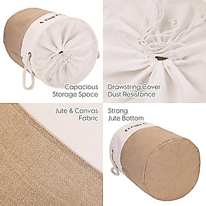 Sea Team Jute and Canvas Storage Basket with Cotton Rope Handles and Drawstring Closure, Collapsible, Lightweight Laundry Hamper for Home - 46.8L Capacity