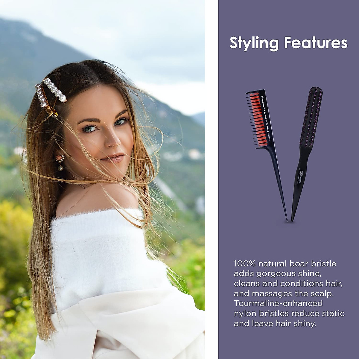 Spornette Teasing Brush & Comb Set - Includes Little Wonder Boar & Tourmaline Nylon Bristle Teasing Brush #111 & Triple Teasing Comb #TC-1, for Back Brushing, Combing, Creating Volume, Slicking Hair