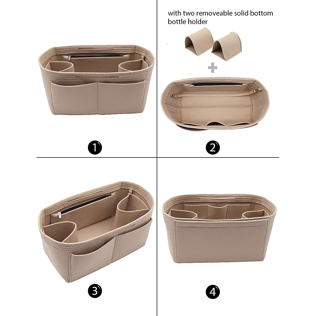 LEXSION Felt Purse Organizer Insert Bag In Bag with Two Removeable Holder 8020 Beige M