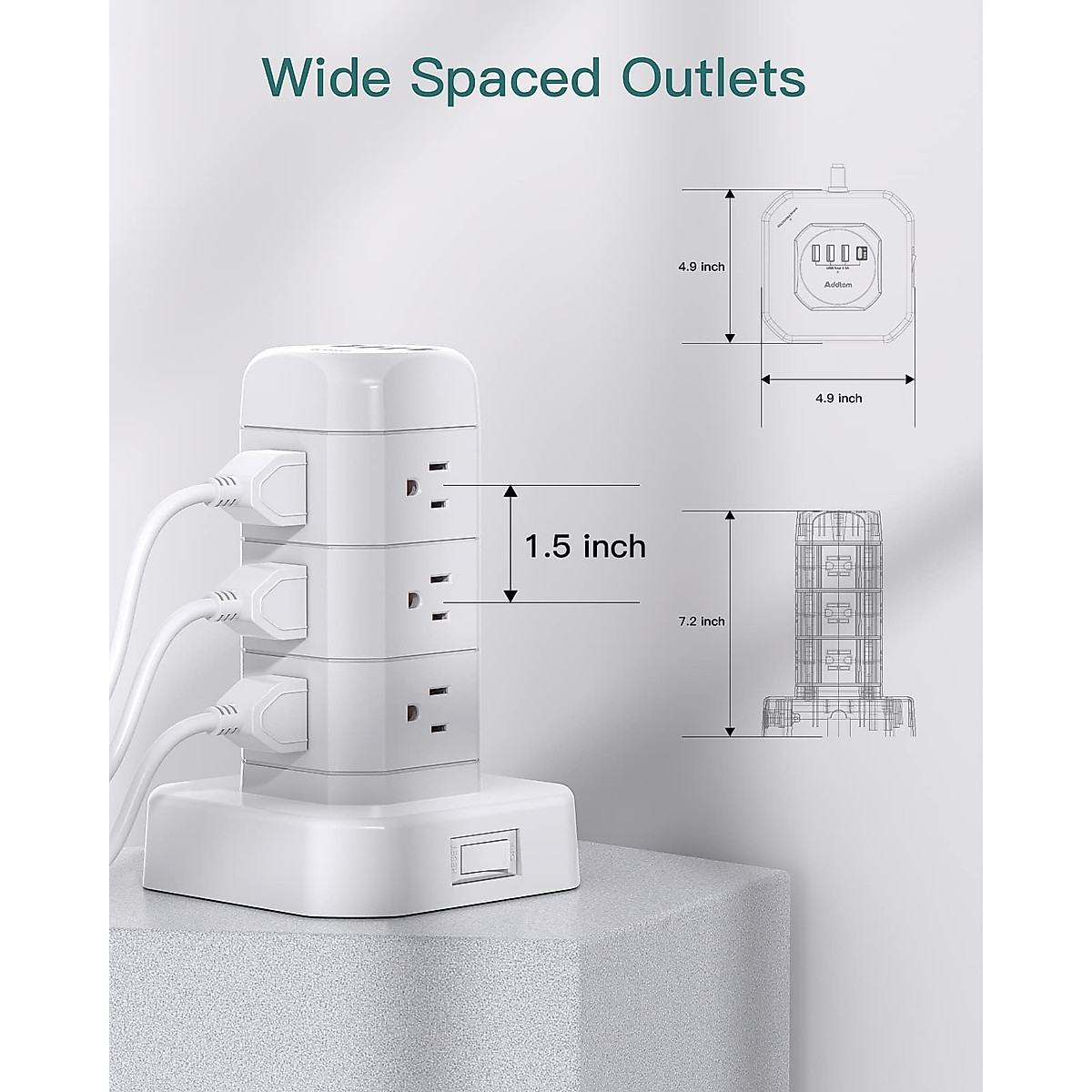 Power Strip Tower Surge Protector - 10 FT Extension Cord with Multiple Outlets, 12 Outlets 4 USB Ports Electric Power Tower, Flat Plug, Desktop Charging Station for Office Home Dorm Essentials White