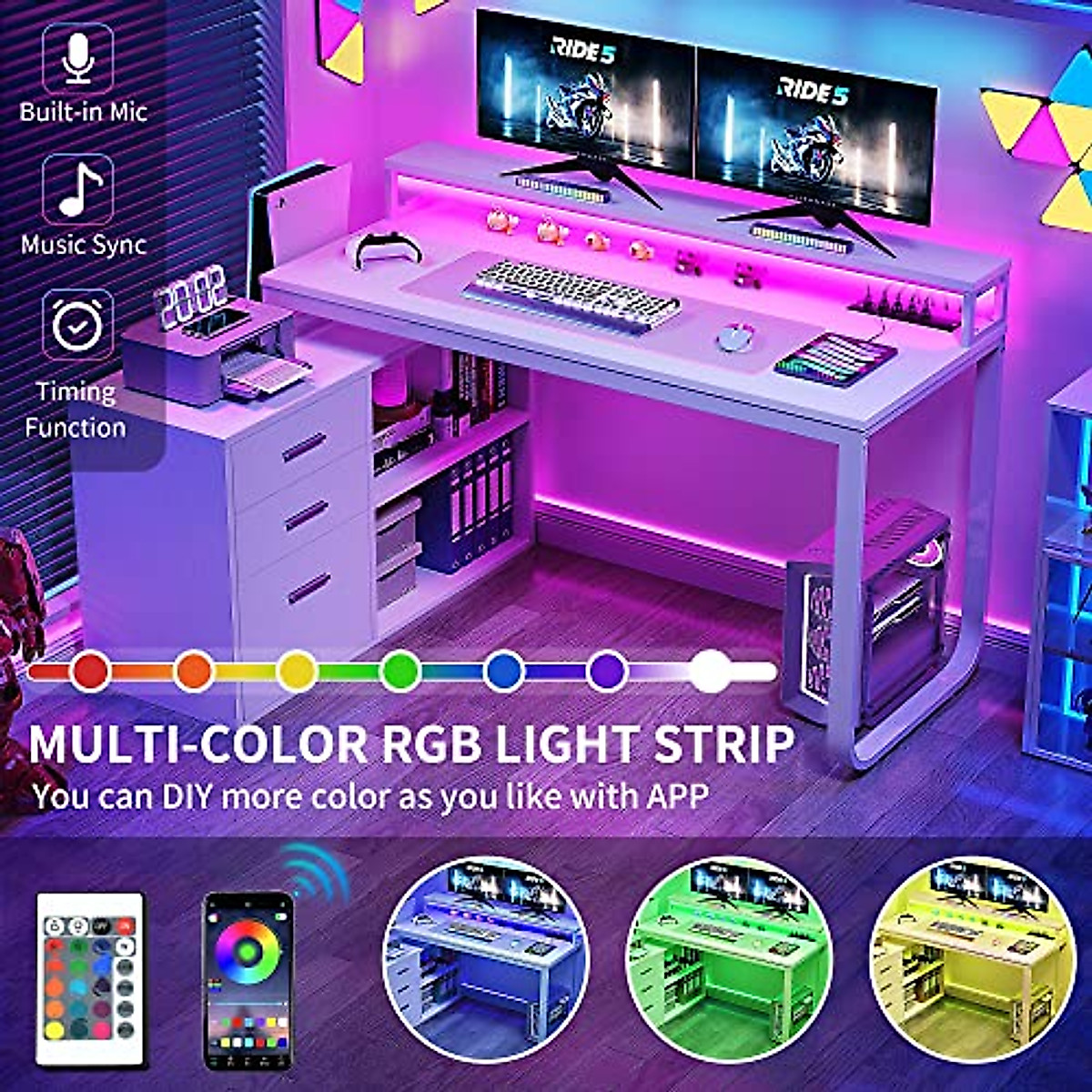 YITAHOME L Shaped Desk with Power Outlets & LED Lights & File Cabinet, 55" Corner Computer Desk with 3 Drawers and 2 Storage Shelves, Home Office Desk with Monitor Stand, White