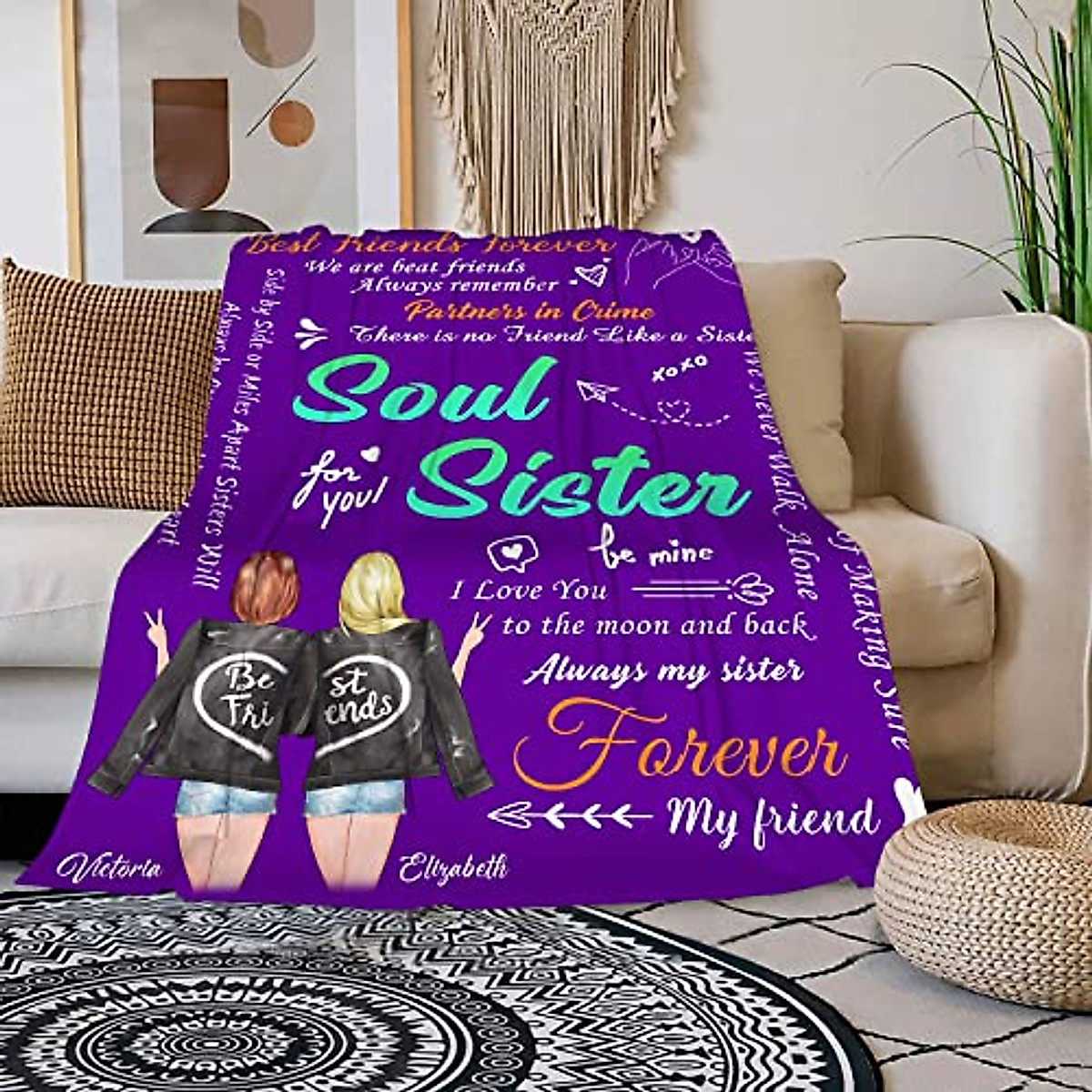 Personalized Best Friend Throw Blanket with Hairstyle Name, Custom to My Bestie Purple Theme Soft Flannel Fleece Throw Blanket for Women Girls, Customized Friendship Gifts for Bestie BFF Soul Sister