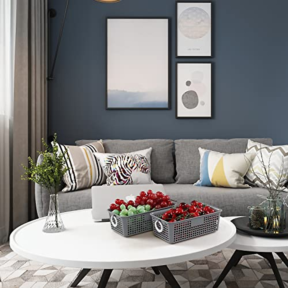 Jandson 6 Packs Grey Woven Plastic Storage Basket, Small Pantry Organizer Bin, R