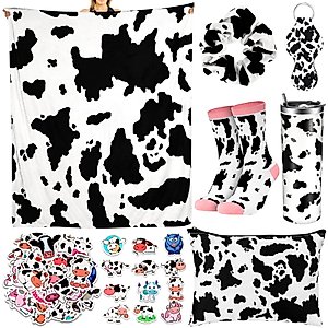 Bokon Cow Print Stuff for Girls, Cow Themed Set Include 50" x 60" Warm Plush Cute Blankets 20 oz Cow Tumbler Socks Cosmetic Bag Lipstick Holder Scrunchies Cow Sticker for Cow Lover