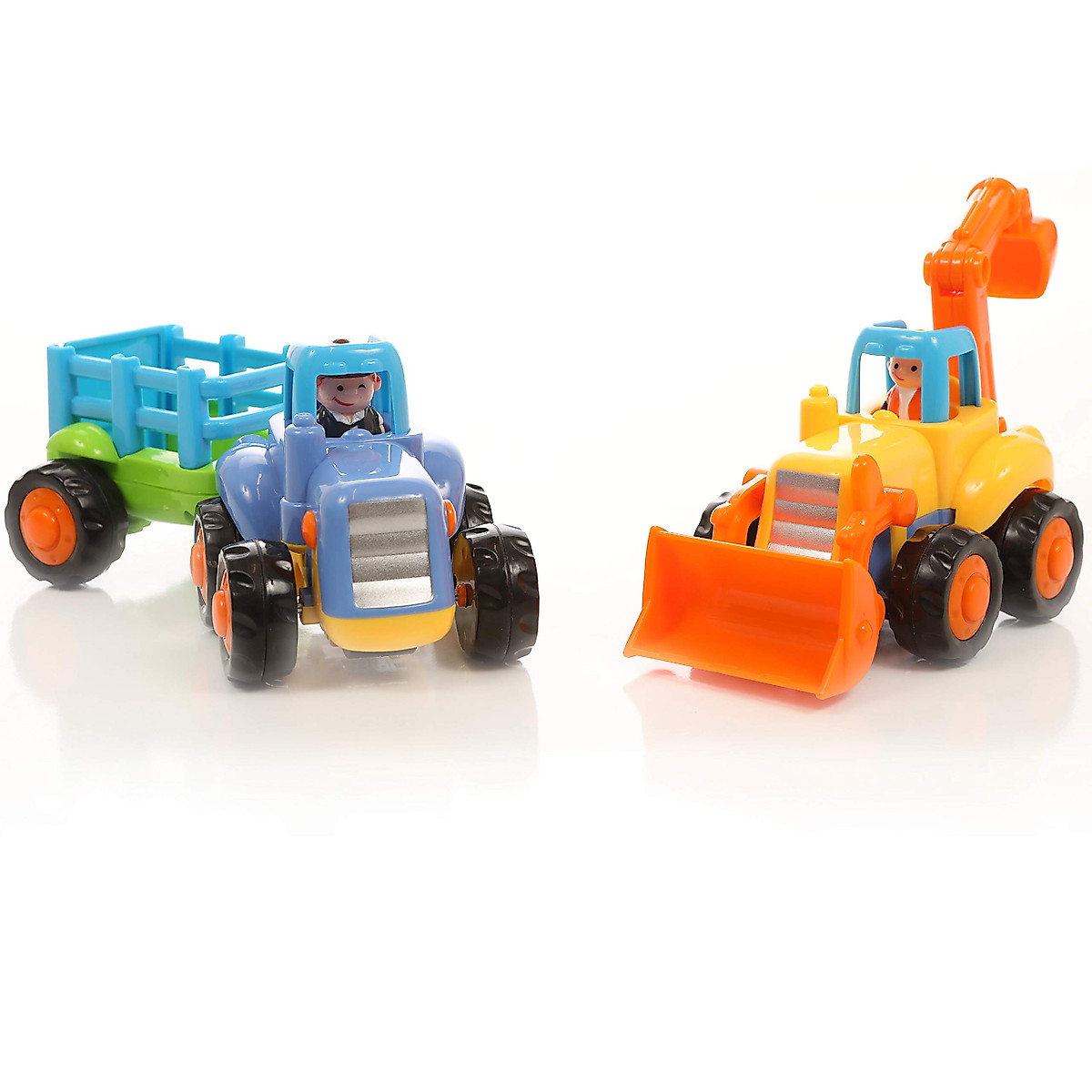 IQ Toys Friction Powered Cars, Push and Go Toy Trucks Construction Vehicles Toys Set for 1 2 3 Year Old Baby Toddlers Bulldozer, Tractor, Early Educational Gifts 2PCS