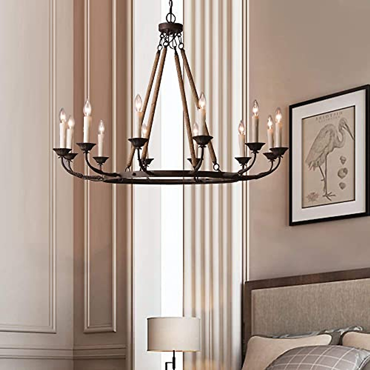 LOVEDIMA Vintage Flaxen Hemp Rope andMetal 12-Light Rustic Round Candelabra Chandelier in Rust