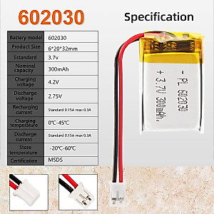 WALKINGLY 3.7V 300mAh 602030 Lipo Battery Rechargeable Lithium Polymer ion Battery Pack with PH2.0mm JST Connector