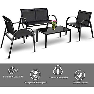HAPPYGRILL 4 Pieces Patio Furniture Outdoor Garden Patio Table Set Poolside Lawn Chairs with Glass Coffee Table