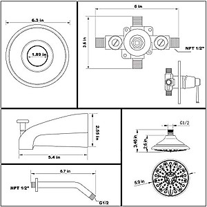 SWKB Shower Faucet with Tub Spout Matte Black Bathroom Shower Tub Faucet Set with 6-spray Shower Head System, Single Handle Shower Trim Kit with Rough-in Valve