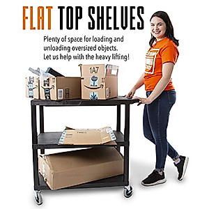 Stand Steady Flat Top Utility Cart by Tubstr | Heavy Duty Service Cart Supports 400 lbs. | Three Shelf Multipurpose Cart Perfect for Home, Garage, Catering, Warehouse & More! (Black / 35 x 18)