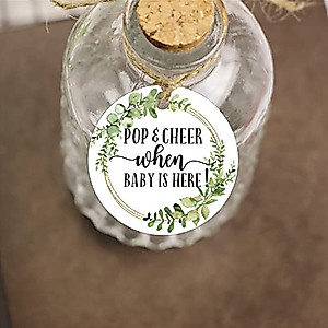 Baby Shower Mini Champagne Bottle Favor Tags, Pop and Cheer When Baby is Here Tags, Greenery Champagne Baby Shower Favor Tags, 2 Inches, 50 Count with Golden Ribbon