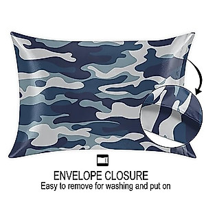 Camo Blue Forest Texture Satin Pillow Cases Silk Satin Pillowcase for Hair and Skin Standard Set of 2 Super Soft Silk Pillowcase with Envelope Closure (20x26 in)