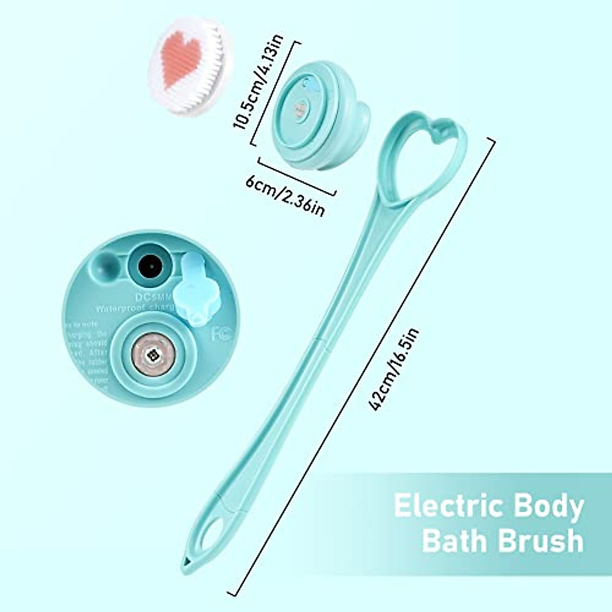 Electric Body Bath Brush Rechargeable Back Brush Long Handle for Shower Brush Silicone Body Scrubber with 5 Rotating Brush Heads for Women Men Body Cleaning Exfoliating Massage (Blue)