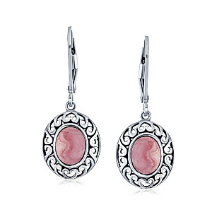 3Ct Natural Pink Rhodochrosite Dome Oval Western Style Bezel Set Lever Back Dangle Earrings For Women .925 Sterling Silver