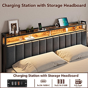 MEIJUJIA King Bed Frame with Charging Station, Upholstered King Size Bed Frame with LED Lights Headboard, No Box Spring Needed, Easy Assembly - Grey