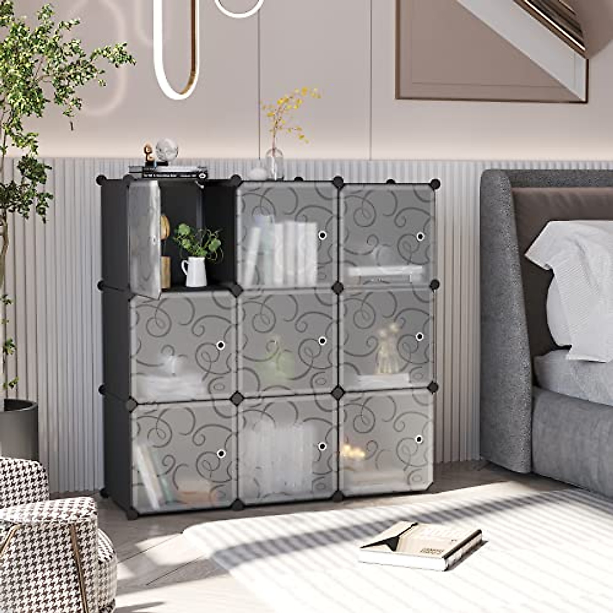 C&AHOME Cube Storage Organizer with Doors, 9-Cube Shelves, Closet Cabinet, DIY Plastic Modular Bookshelf, Storage Shelving Ideal for Bedroom, Living Room, 36.6”L x 12.4”W x 36.6”H Black USHS3009B-DOOR