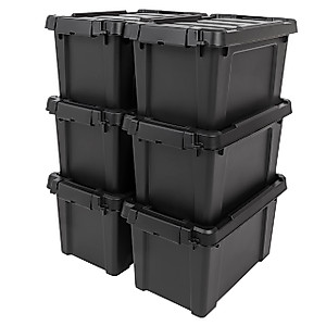 IRIS USA 5 Gallon Lockable Storage Bins with Lids, 6 Pack - Made in USA, Heavy Duty, Stackable Containers, Garage Organizing Bins Moving Tubs, Rugged Sturdy Equipment Utility Box - Black