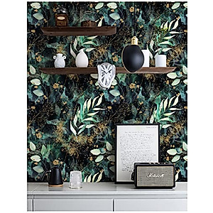 HAOKHOME 93208 Boho Peel and Stick Wallpaper Leaves Branch Removable Black/Green/Matte Gold Vinyl Self Adhesive Mural for Bedroom 17.7in x 9.8ft