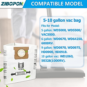 Zibopon VF3503 Vacuum Bags Compatible with Ridgid 5 to 10 Gallon Wet/Dry Vacs, Size B(10 Pack)