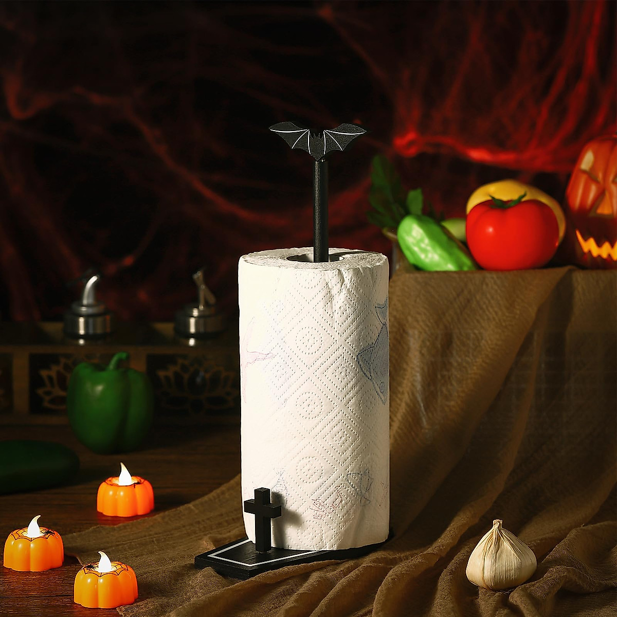Namalu Halloween Bat Paper Towel Holder with Coffin Base Spooky Rustic Halloween Decor for Kitchen and Bathroom Fun Paper Towel Holder Kitchen Paper Towel Dispenser for Countertop Women Toilet