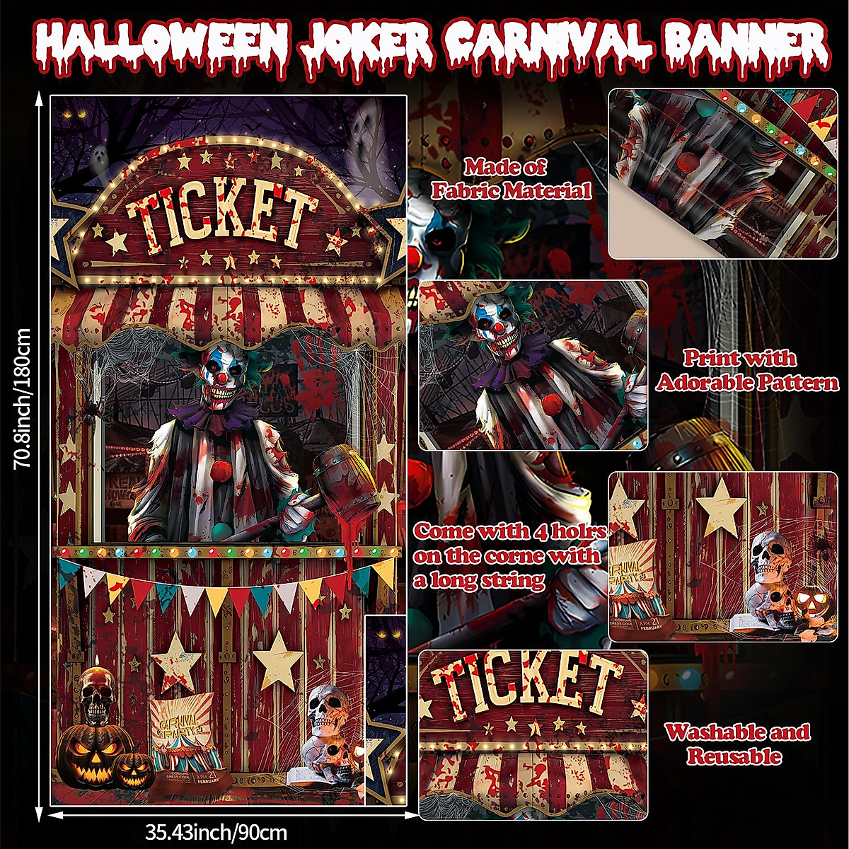 3 Pcs Halloween Creepy Carnival Decorations Scary Ticket Booth Circus Theme Door Cover and 2Pcs Evil Circus Porch Banner for Halloween Eve Circus Theme Outdoor Decorations