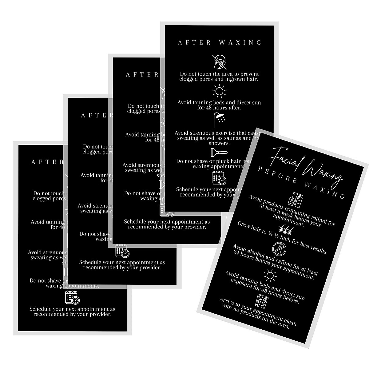 Facial Waxing Before & After Instruction Card | 50 Pack | 2x3.5” in Business Card | Waxing Supplies | Facial Waxing Instructions Cards for Estheticians Using Hard or Soft Wax | Black and White Design