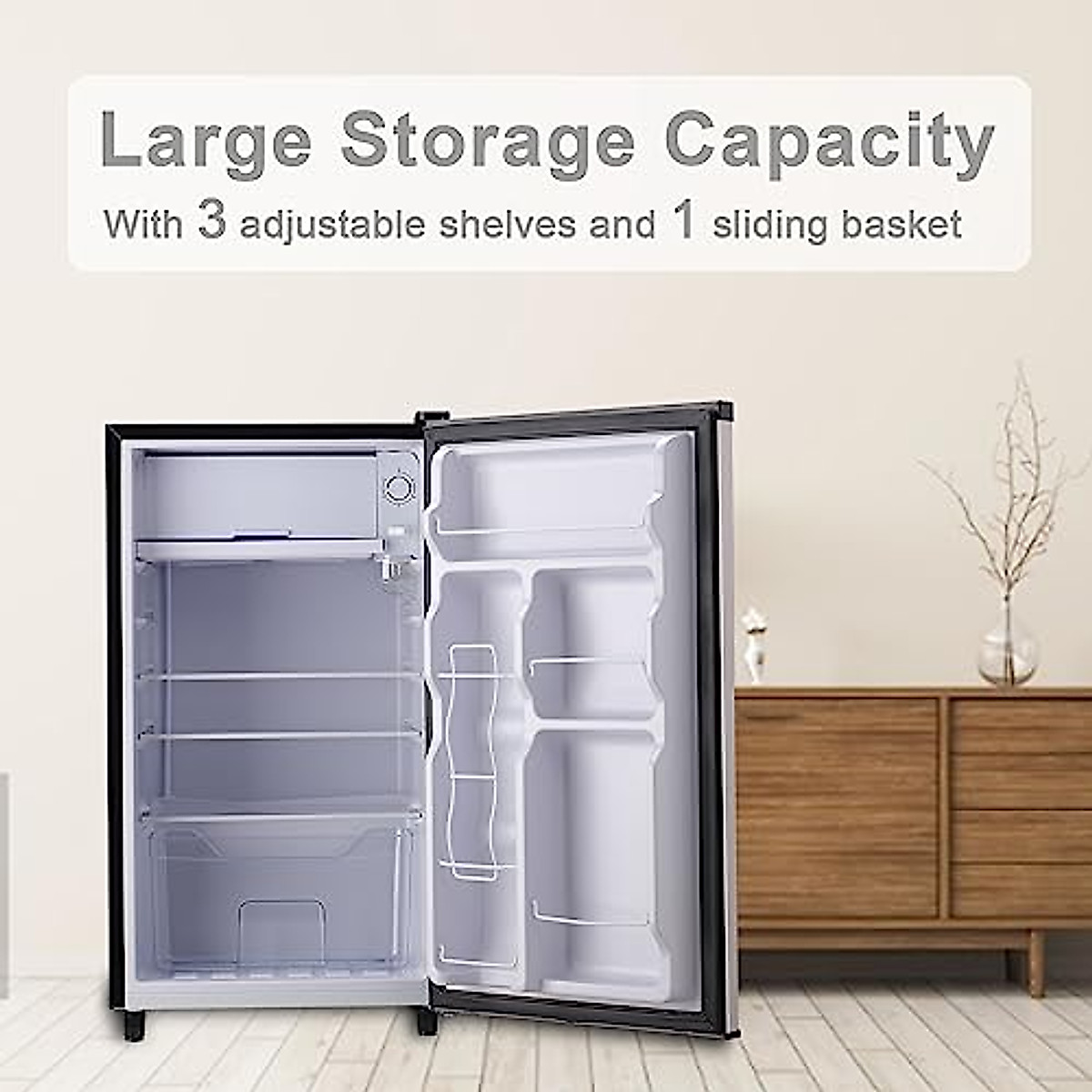 WANAI Mini Refrigerator 3.2 Cu.Ft, Single Door, Adjustable Thermostat, Adjustable Removable Shelves Refrigerator Suitable For Dorm,Office,Living room