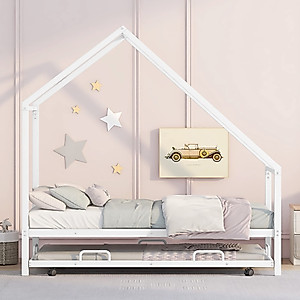 Metal House Bed with Trundle, Montessori Bed Twin Size Platform Bed Frame with Roof, Tent Bed, Modern Style Heavy-Duty Steel Frame Playhouse Bed for Kids Teens Girls Boys (Twin, White)