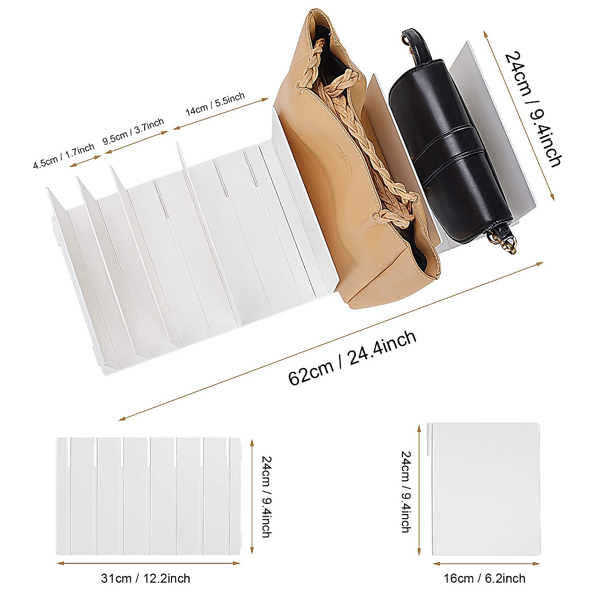 Hivexagon Purse Organizer for Closet 2 Pack Shelf Dividers Closet Bag Storage Organizer for Vertical Purse Handbag Sweater Shirts in Pantry Bedroom White