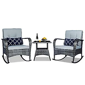 FUNKOCO 3 Pieces Patio PE Rattan Conversation Chair Set, Outdoor Furniture Rocking Chair Set with Water-Proof Cushion&Coffee Table for Garden,Backyard and Porch (Light Grey)
