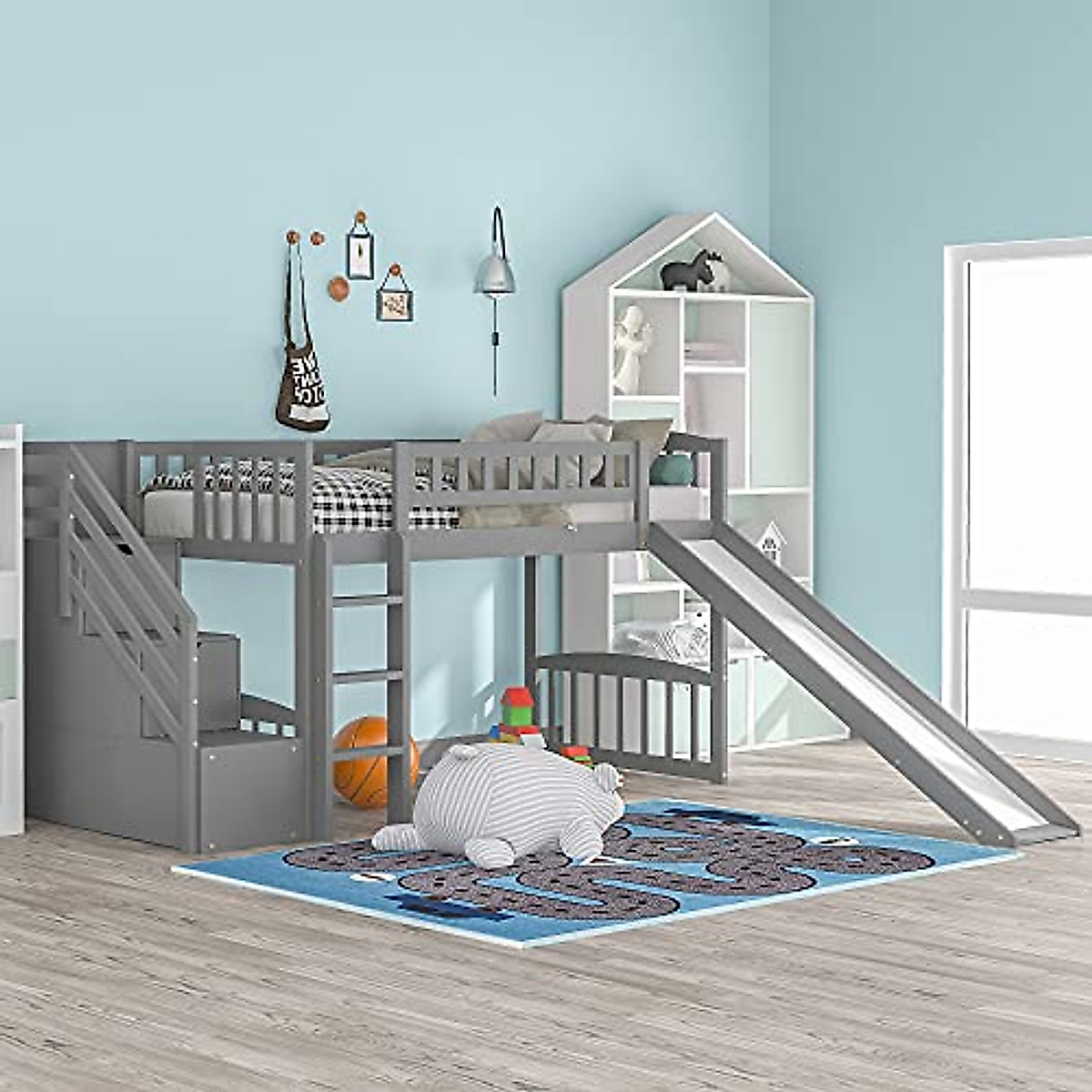 Twin Loft Bed with Slide, Wooden Low Loft Bed with Stairs and Storage for Kids Girls Boys Teens - Gray