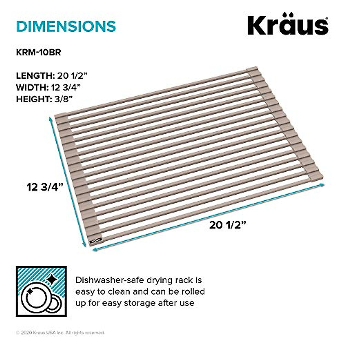 Kraus KRM-10BR Kore Multipurpose Over-Sink Roll-Up Dish Drying Rack, 21 Inch-Regular, Brown