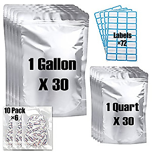 GOGOODA Mylar Bags for Food Storage with Oxygen Absorbers 60 Pack Resealable Bags 2 Size Gallon Quart Stand Up Mylar Bags with Labels, 10x14"/30 Pack, 7x10"/30 pack
