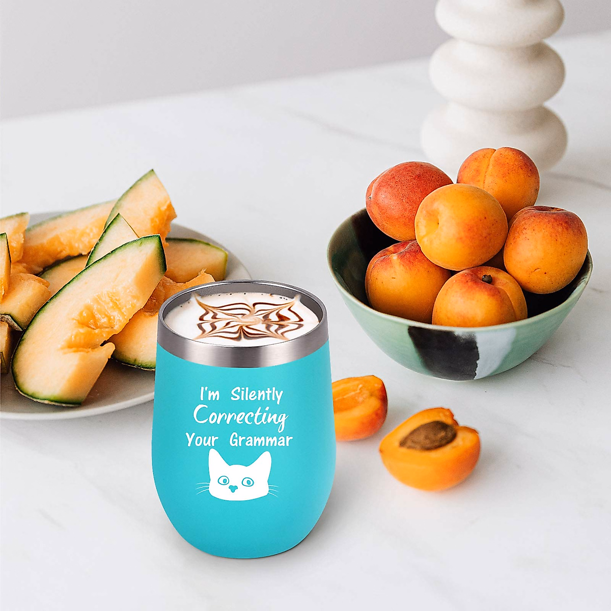Qtencas Cat I'm Silently Correcting Grammar Wine Tumbler, Christmas Birthday Gifts for English Teachers, Grammar Police, Cat Lovers, Women, Funny Insulated Stainless Steel Tumbler (12Oz, Mint)